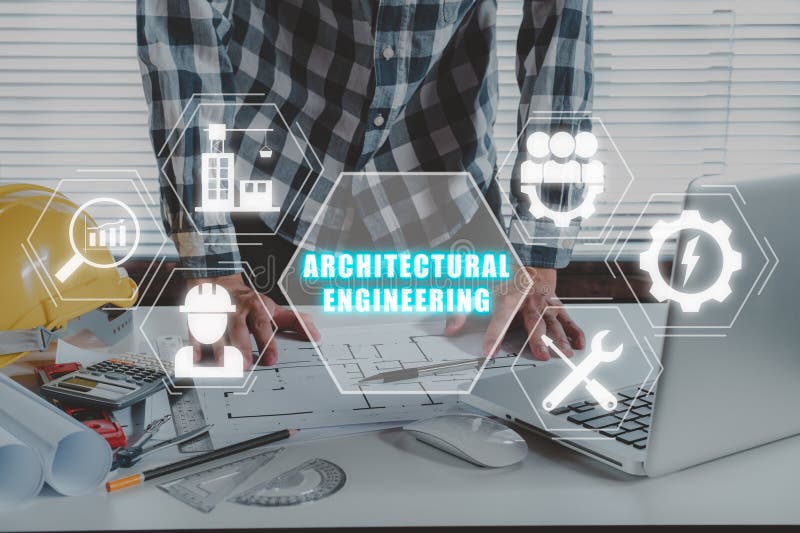 Engineering Man Working on Desk with Building Information Modeling Icon ...