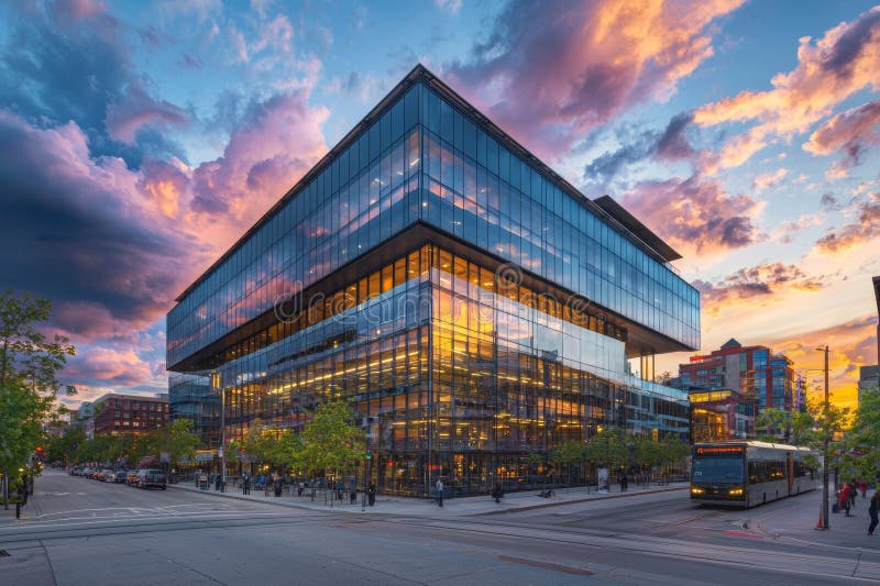 The Architectural Exterior of a Modern Suburban Office Building Glows ...