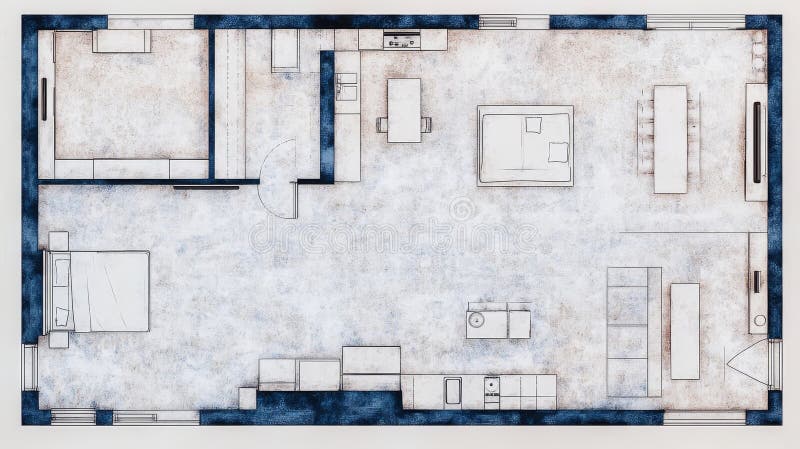 Architectural Floor Plan with Blue Outline, Modern House Design, Top ...