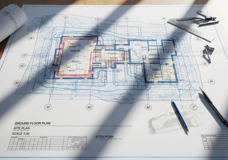 Architectural Floor Plan Blueprint with Tools for Construction Project ...