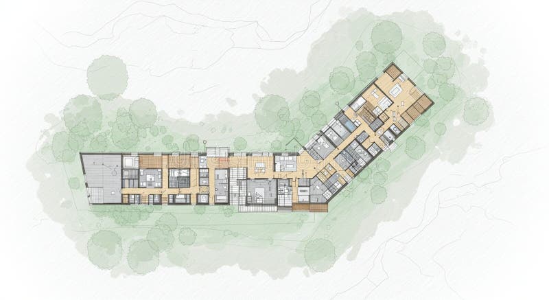 Architectural Floor Plan of a Building with Two Angled Wings Surrounded ...