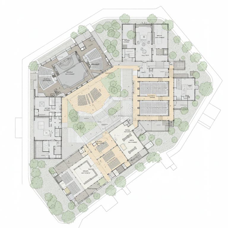 Architectural Floor Plan of a Complex Featuring Multiple Sections and ...