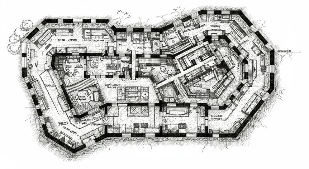Architectural Floor Plan for a Complex, Multi-room Structure with an ...