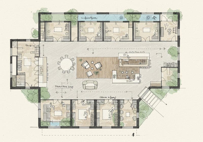 Architectural Floor Plan Featuring a Central Open Space with Lounge ...