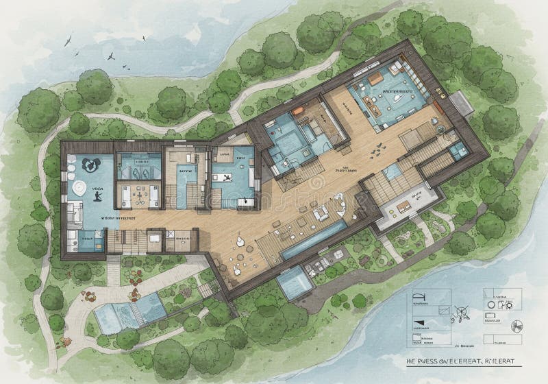 Architectural Floor Plan of a Large Modern House Surrounded by Trees ...