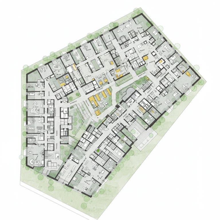 Architectural Floor Plan of a Large Residential Complex Incorporating ...