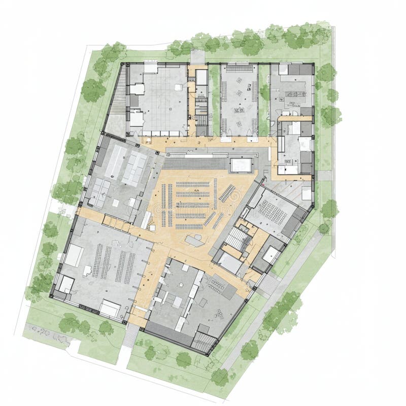 Architectural Floor Plan of a Modern Building with a Pentagon-like ...