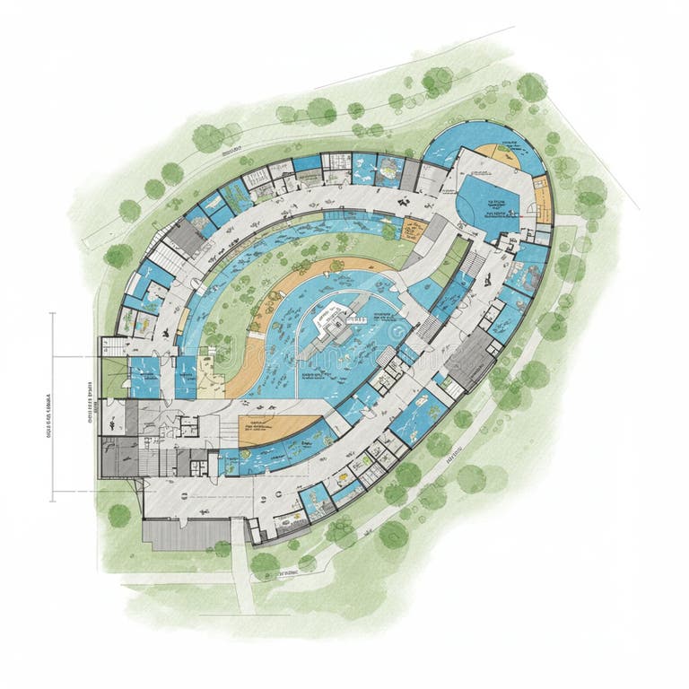 Architectural Floor Plan of a Modern Complex with an Elliptical Design ...