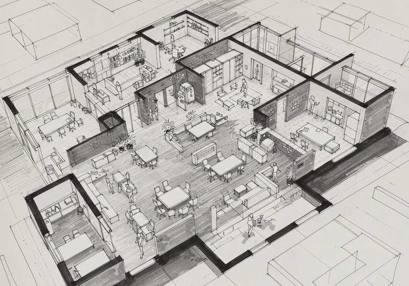Architectural Floor Plan in a Monochromatic Sketch Style, Showcasing an ...