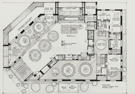 Architectural Floor Plan of a Multifunctional Building with Distinct ...