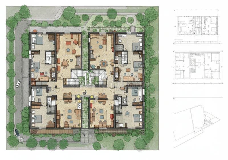 Architectural Floor Plan of a Residential Complex Surrounded by Green ...