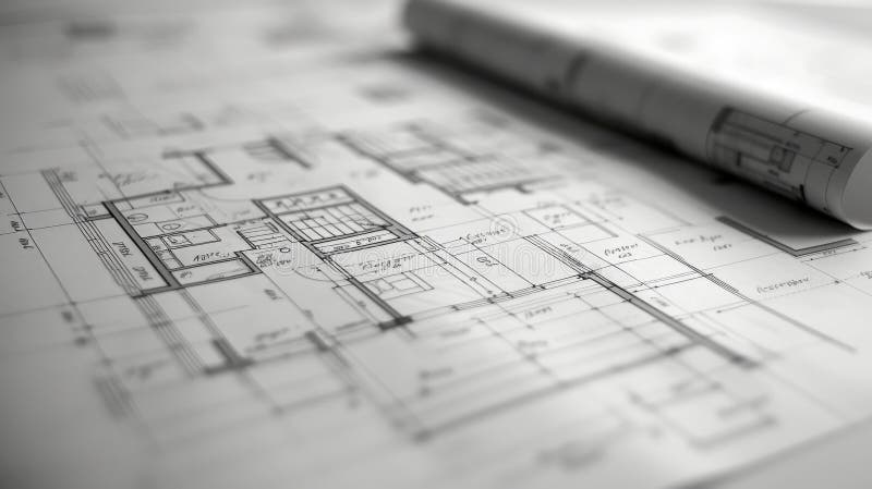 Architectural Floor Plan with Rolled Blueprint and Details Stock Photo ...