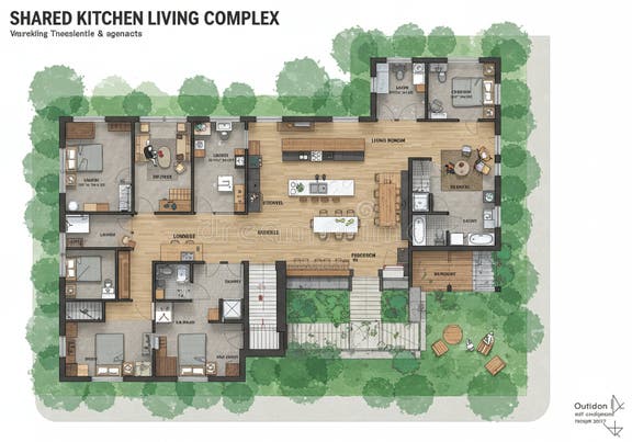 Architectural Floor Plan of a Shared Kitchen Living Complex. Central ...