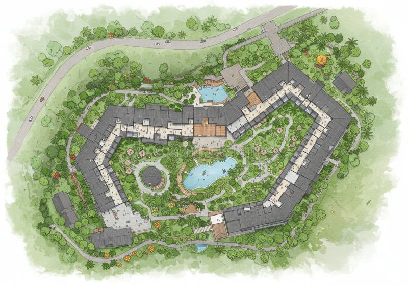 An Architectural Floor Plan Showcases a Large, Curved Building Complex ...