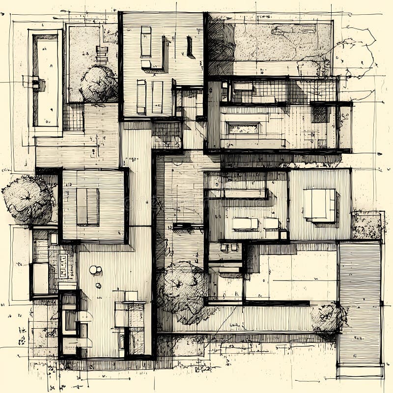 Architectural Floor Plan Sketch in Black Ink Depicting a Modern ...