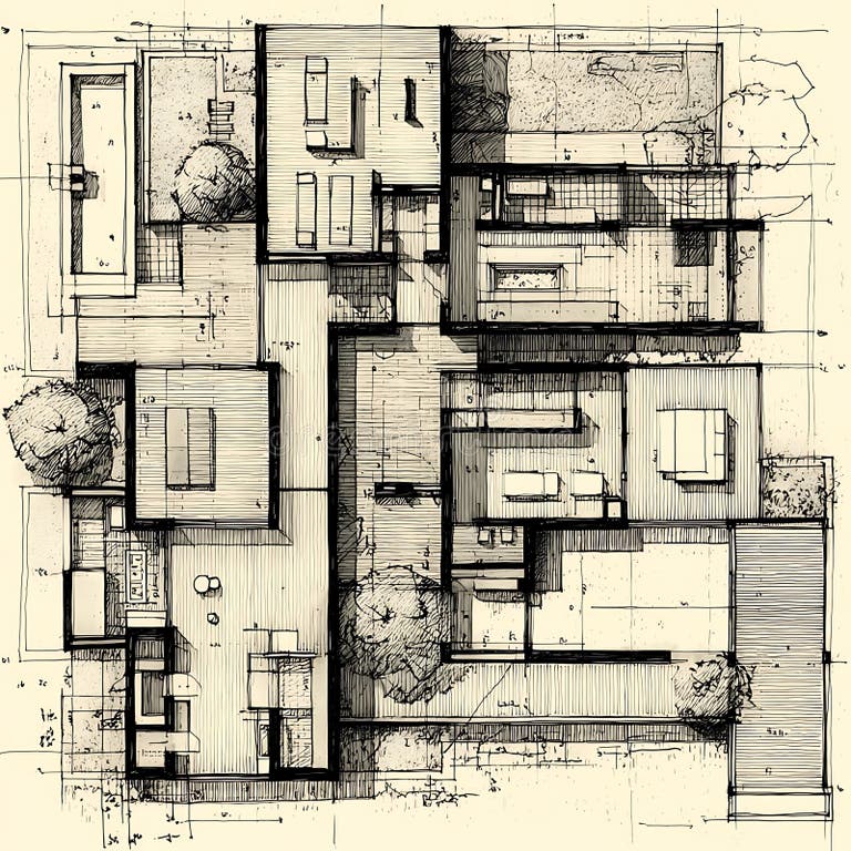 Architectural Floor Plan Sketch in Black Ink Depicting a Modern ...