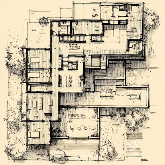 Architectural Floor Plan Sketch of a Multi-room Building, Featuring a ...