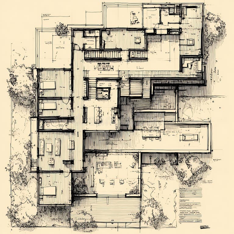 Architectural Floor Plan Sketch of a Multi-room Building, Featuring a ...