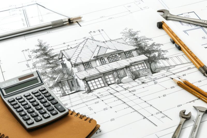 Architectural House Plans and Construction Tools on Wooden Table for ...