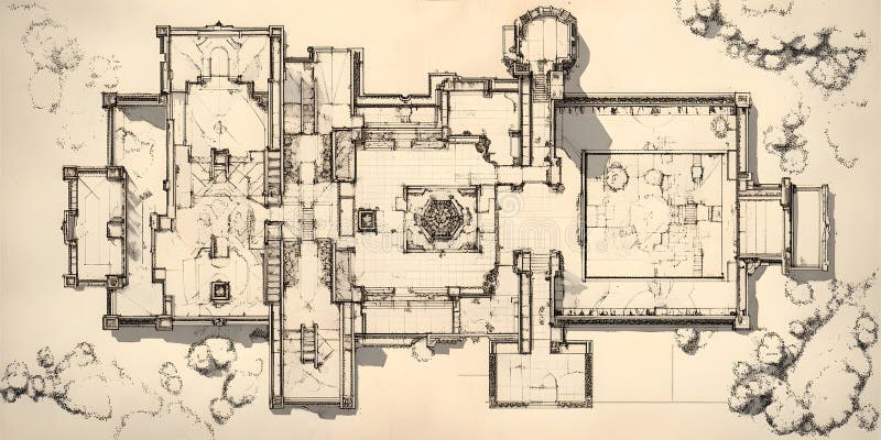 Architectural Illustration Blueprint Style Building Plan Overhead View ...