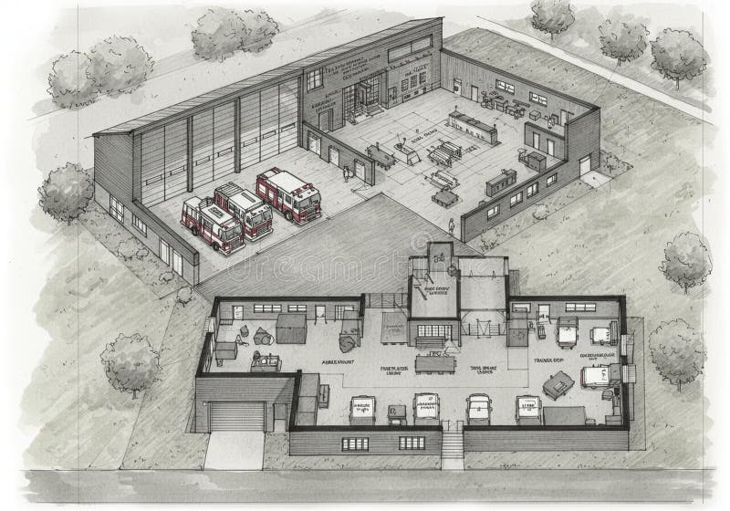 Architectural Illustration of a Fire Station Layout. Features Include a ...