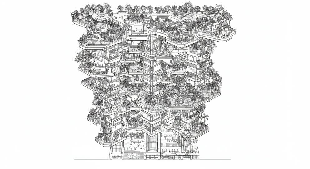 Architectural Illustration of a Futuristic, Multi-level Building with ...