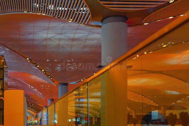 Architectural Interior with Illuminated Curved Ceiling Panels, Massive ...