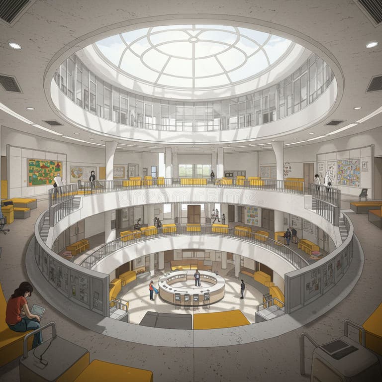 An Architectural Interior with a Spacious, Circular Multi-level Atrium ...