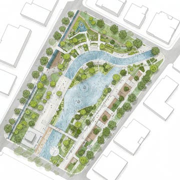 Architectural Landscape Design Showing a Rectangular Park with Curved ...