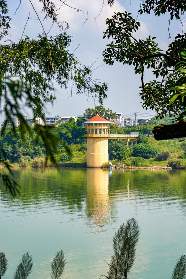 Architectural Landscape of Hydrological Tower by the River Stock Photo ...