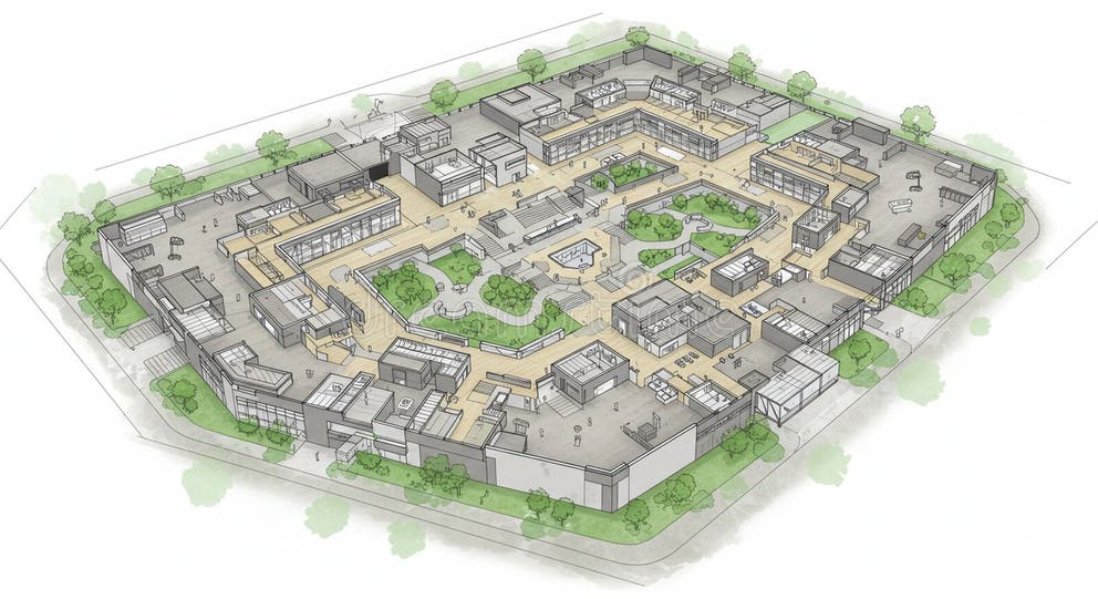 An Architectural Layout Depicts a Modern, Rectangular Complex ...