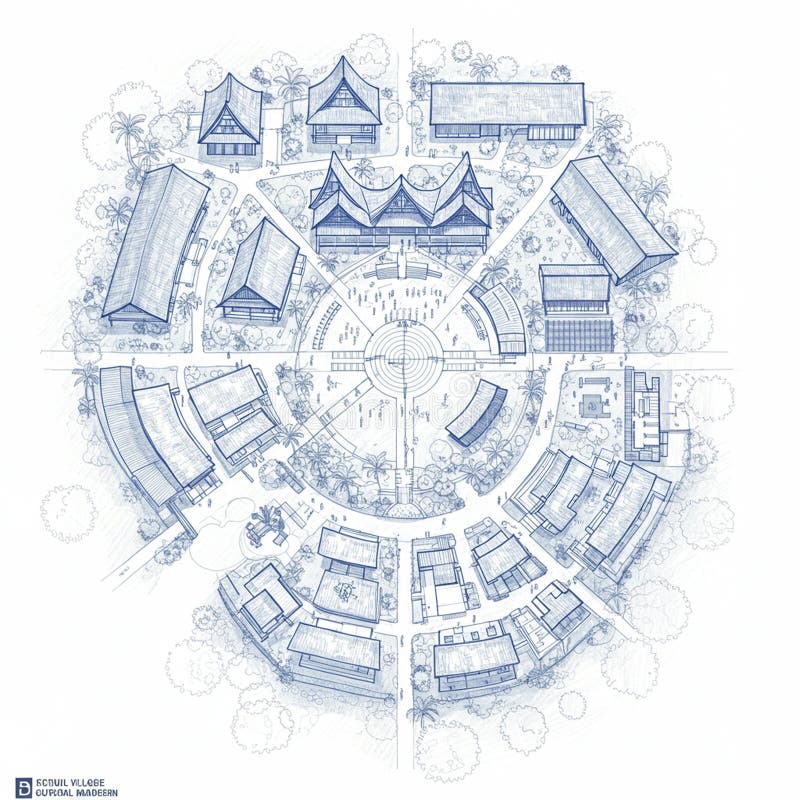Architectural Layout Featuring a Circular Village Design with ...