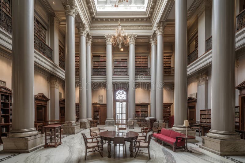 Architectural Library Setting with Soaring Ceilings, Columns and ...