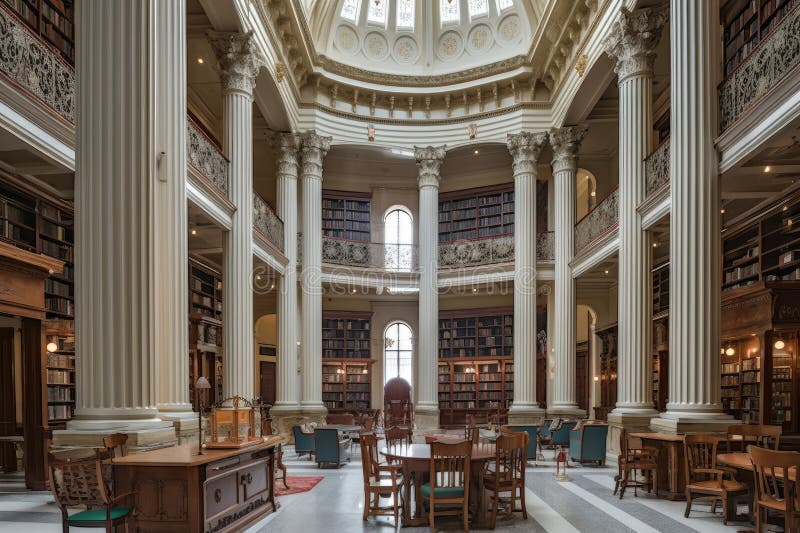 Architectural Library Setting with Soaring Ceilings, Columns and ...