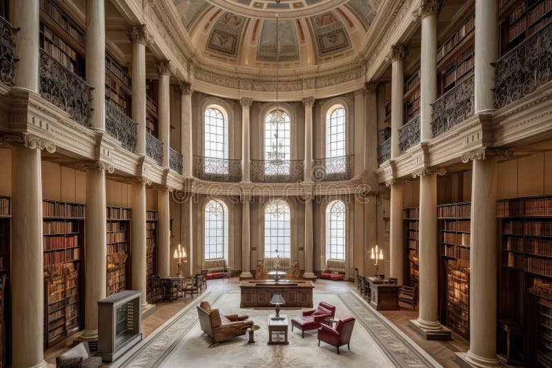 Architectural Library Setting with Soaring Ceilings, Columns and ...