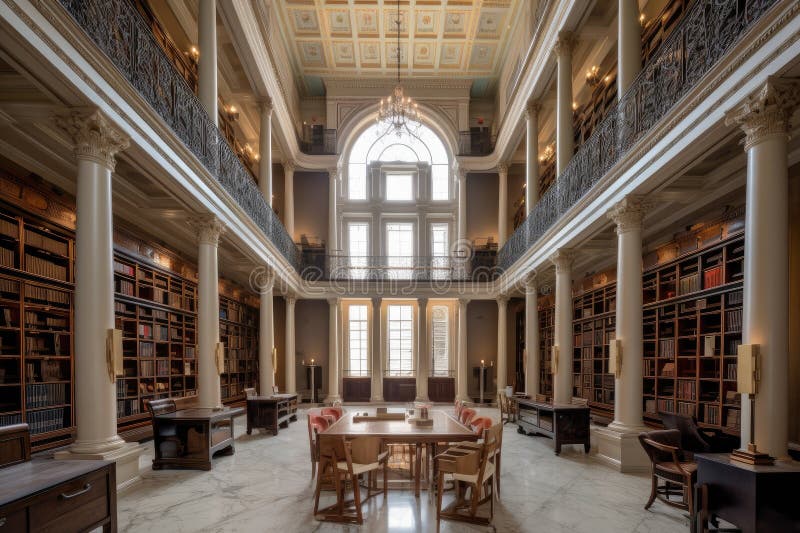 Architectural Library Setting with Soaring Ceilings, Columns and ...