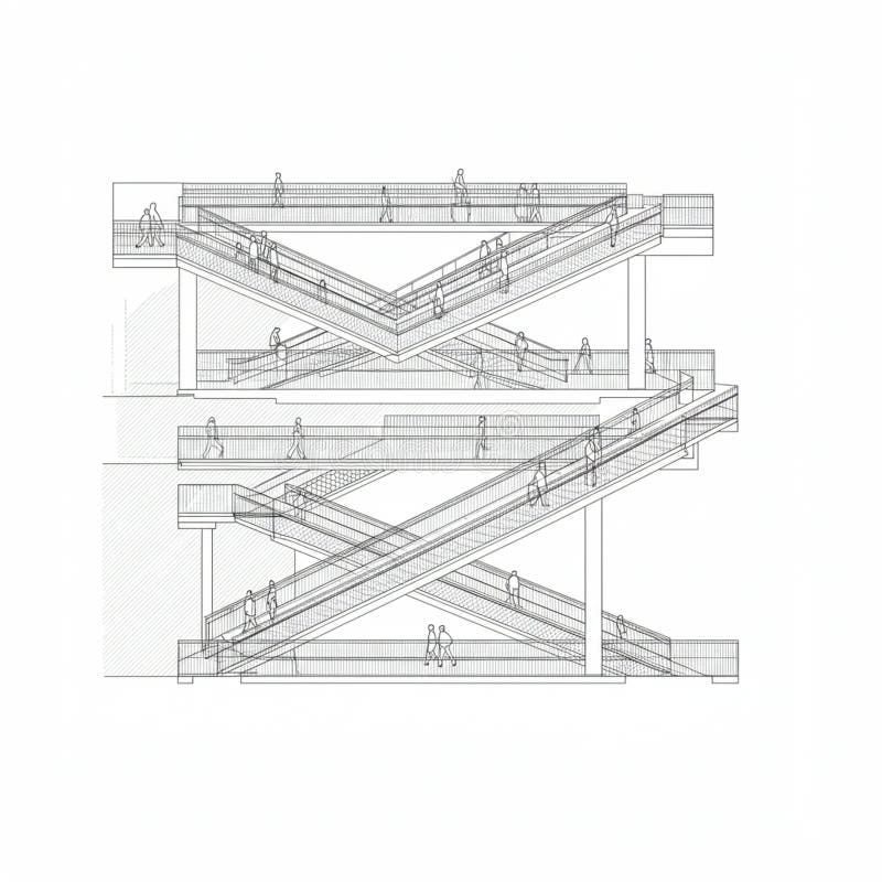 Architectural Line Drawing of a Multi-level Structure with Intersecting ...