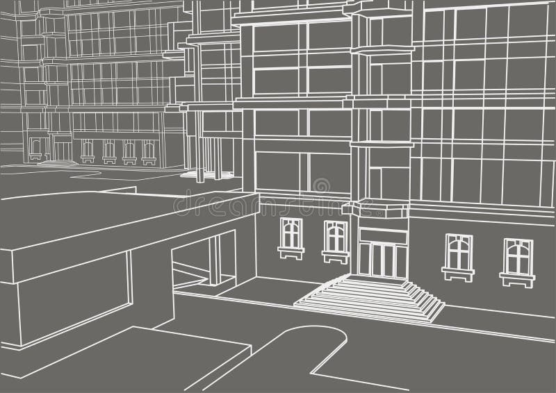 Architectural Linear Sketch Building in Few Levels on Gray Background ...