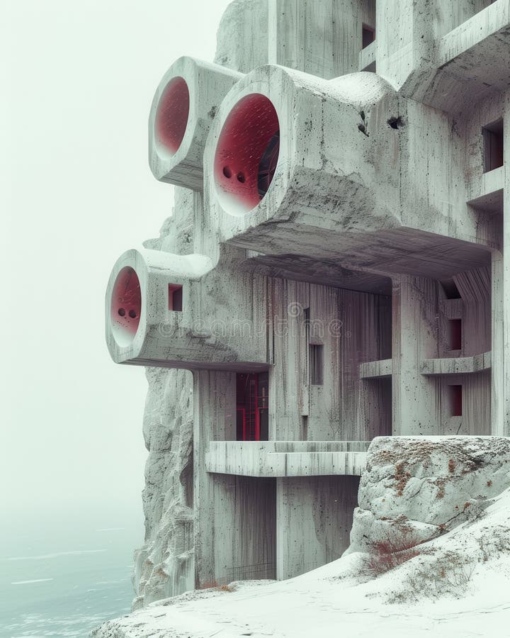 Architectural Marvel of Concrete Blocks Against a Misty Backdrop in an ...