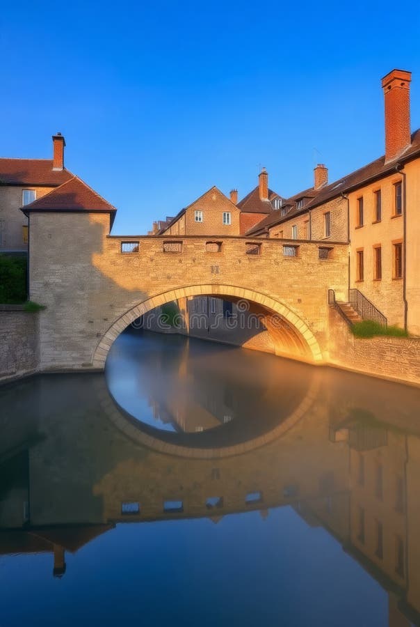 An Architectural Marvel Over a Still River Stock Illustration ...