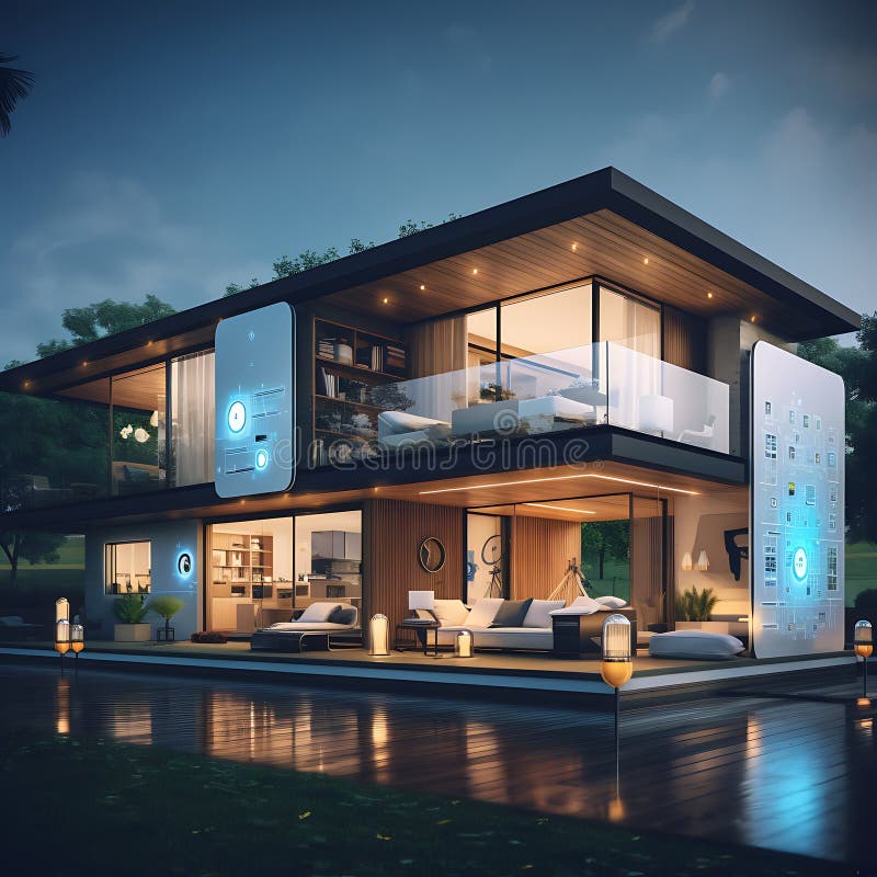 An Architectural Marvel of a Smart Home Captured at Dusk, Displaying ...