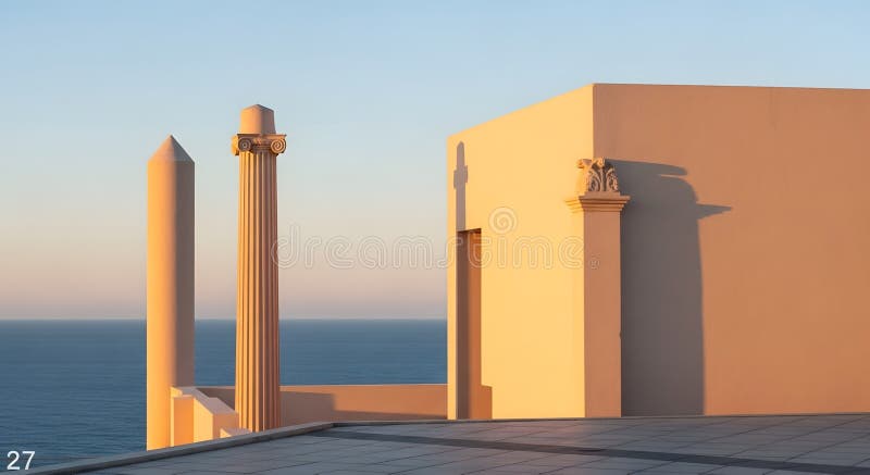 Architectural Minimalism: Columns and Building Against Ocean at Sunset ...