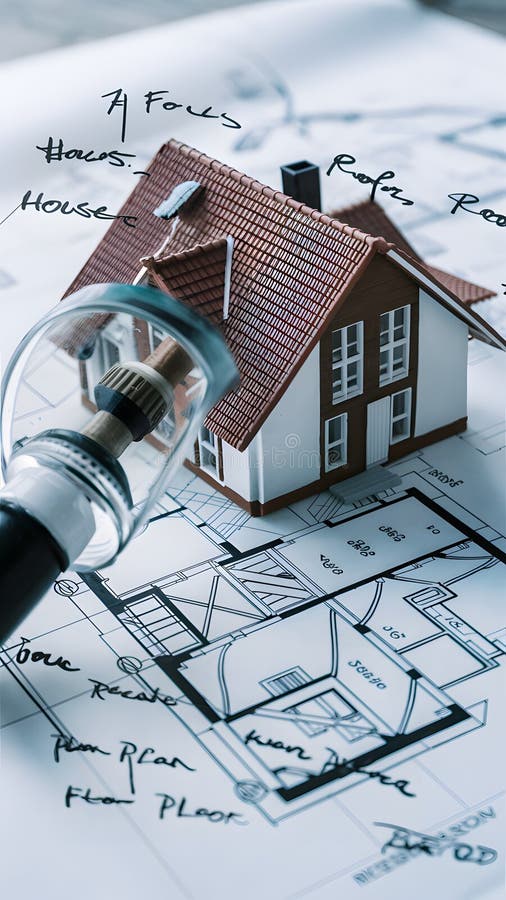 Architectural Model with Annotations on Blueprint, Magnified by Glass ...