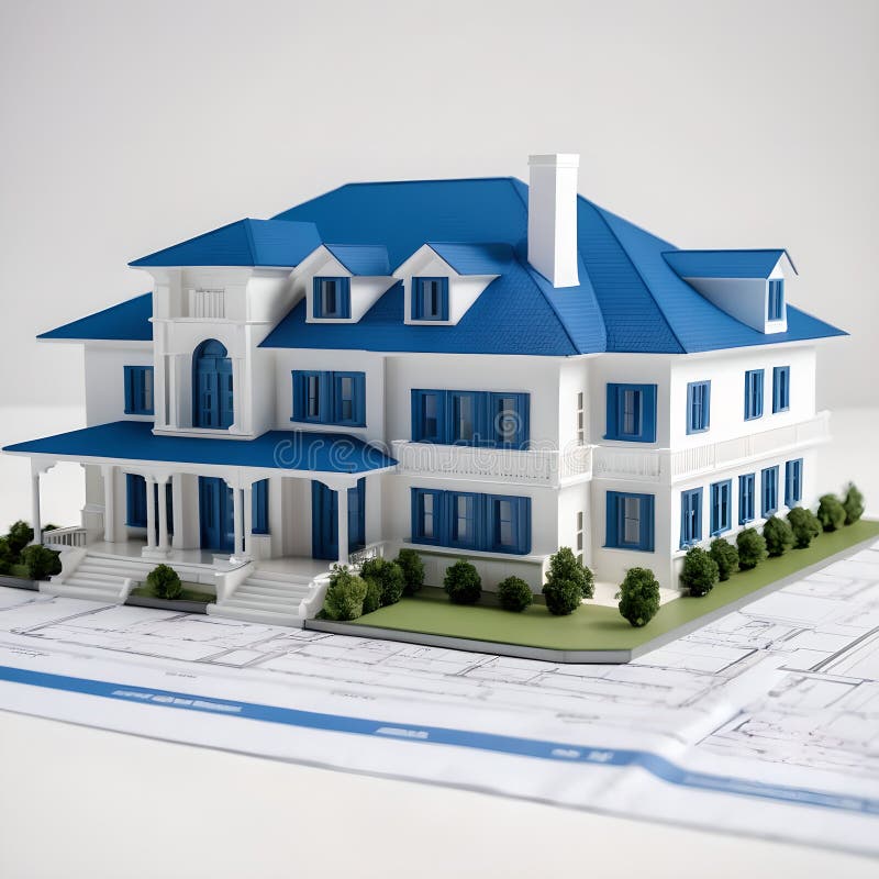 Architectural Model of a Blue Roofed House on Blueprint. Stock ...