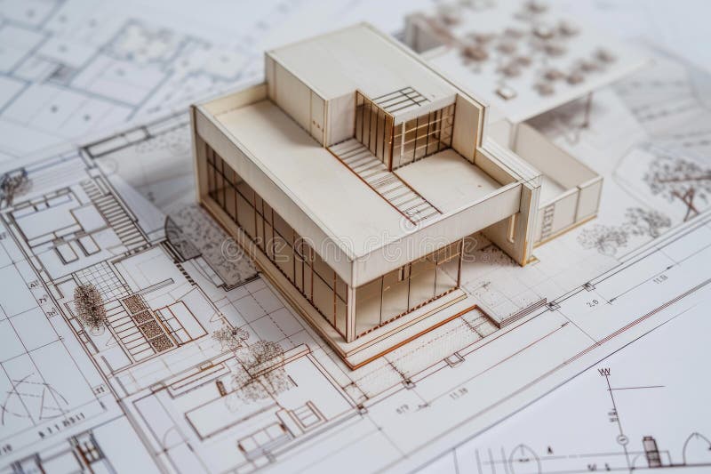 Architectural Model on Blueprint Background Stock Illustration ...