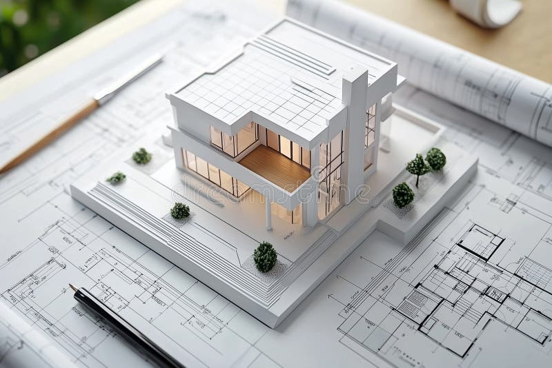 Architectural Model on Blueprint Stock Illustration - Illustration of ...