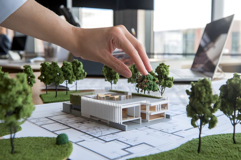 Architectural Model on Blueprints, Hand Placing Miniature Tree ...