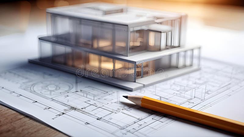 Architectural Model on Blueprints with Pencil on Modern Desk, Design ...