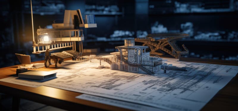 An Architectural Model and Blueprints on a Table with Papers Stock ...