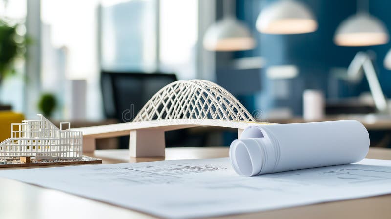 Architectural Model of Bridge with Blueprints and Rolled Paper in ...